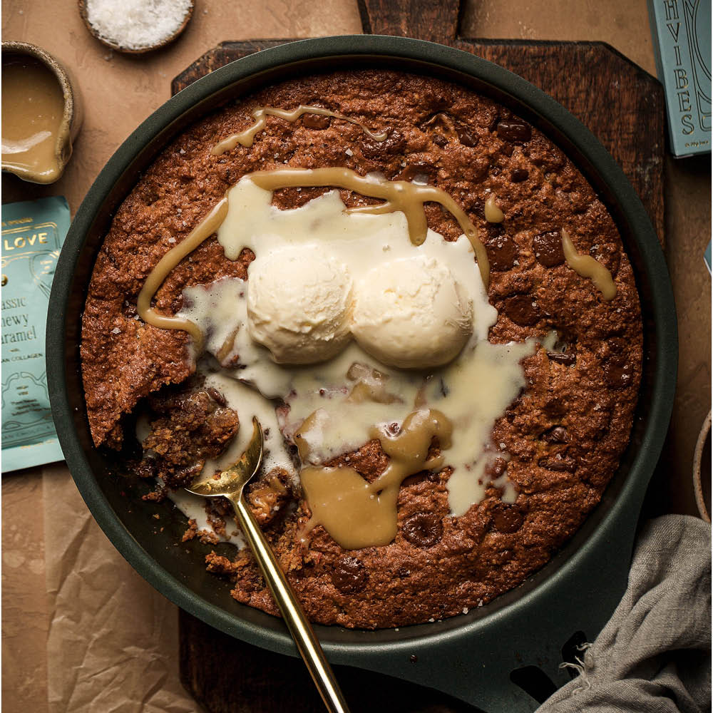 Giant Loco Love Chocolate Chip Skillet Cookie with Tahini Caramel ...