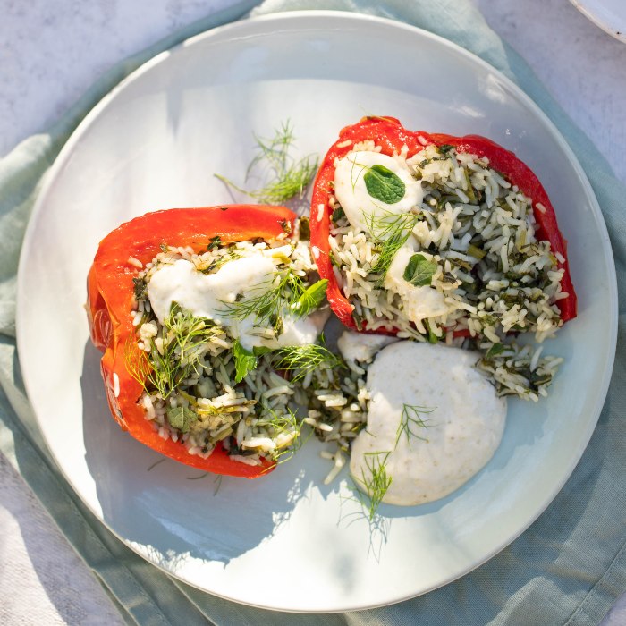 Roasted Whole Red Capsicums Filled with Green Rice and Chilli Garlic ...
