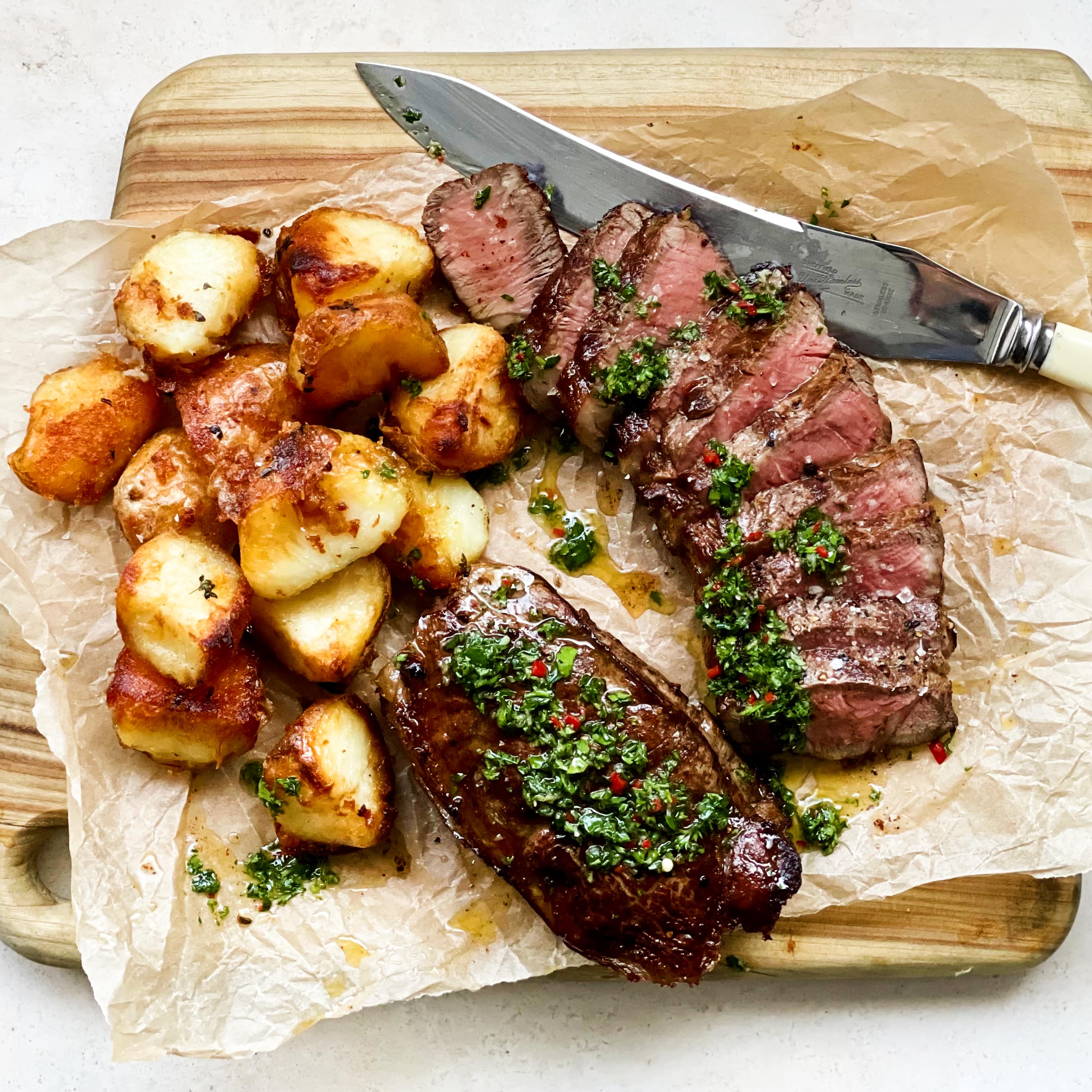 Scotch Fillet Steaks with Crispy Roasted Potatoes and Chimichurri ...