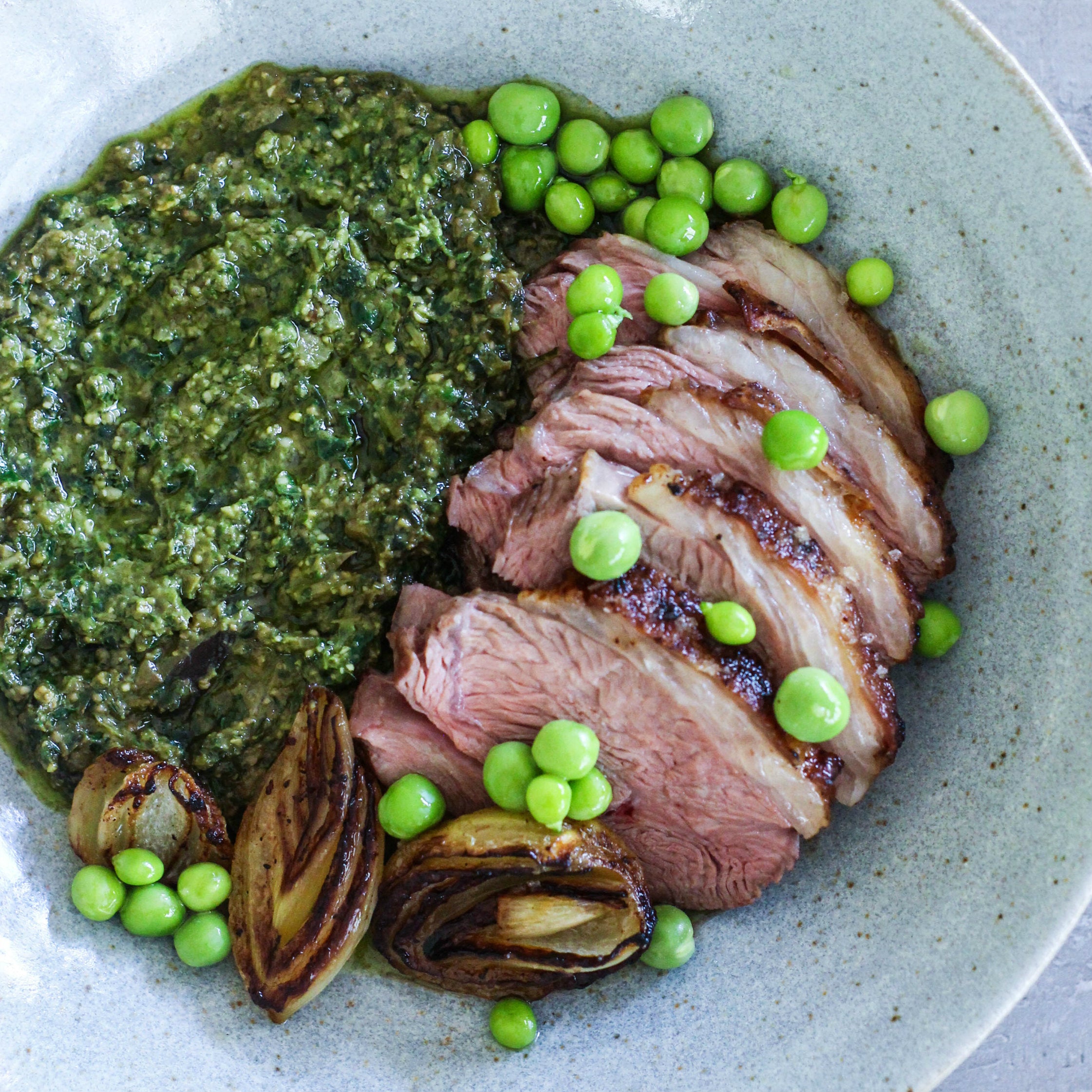 Lamb Rump with Spinach Basil Pesto & Fresh Peas | Harris Farm Markets