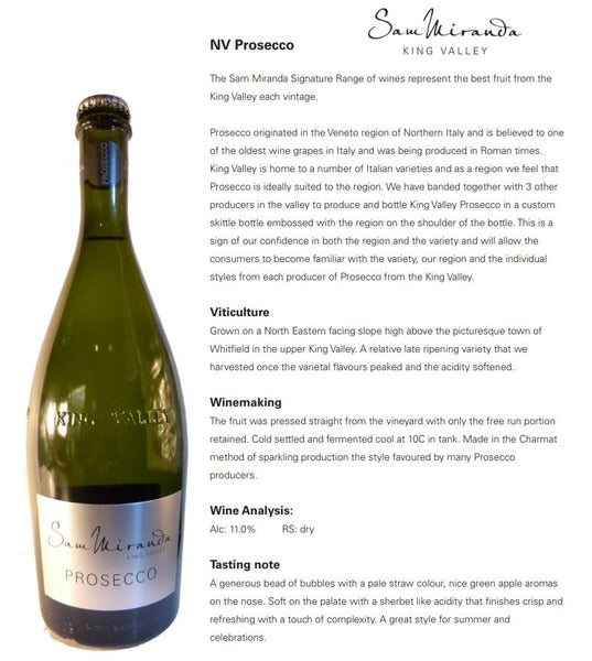 Buy Sam Miranda Prosecco NV King Valley, VIC from Harris Farm Online ...