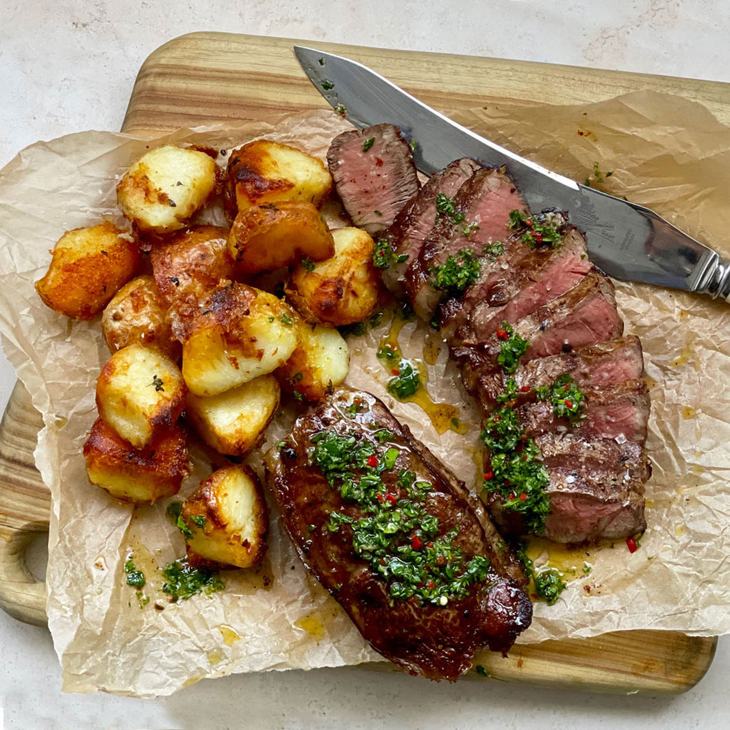 Scotch Fillet Steaks with Crispy Roasted Potatoes and Chimichurri ...
